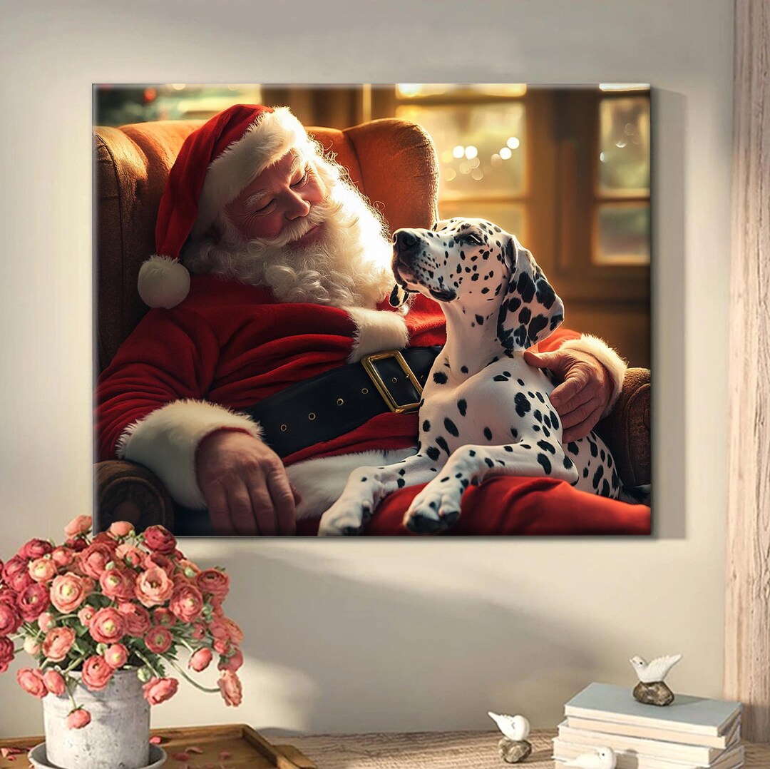 Santa and Dalmatian Dog Cuddling Poster Canvas, Santa Poster Gift ...