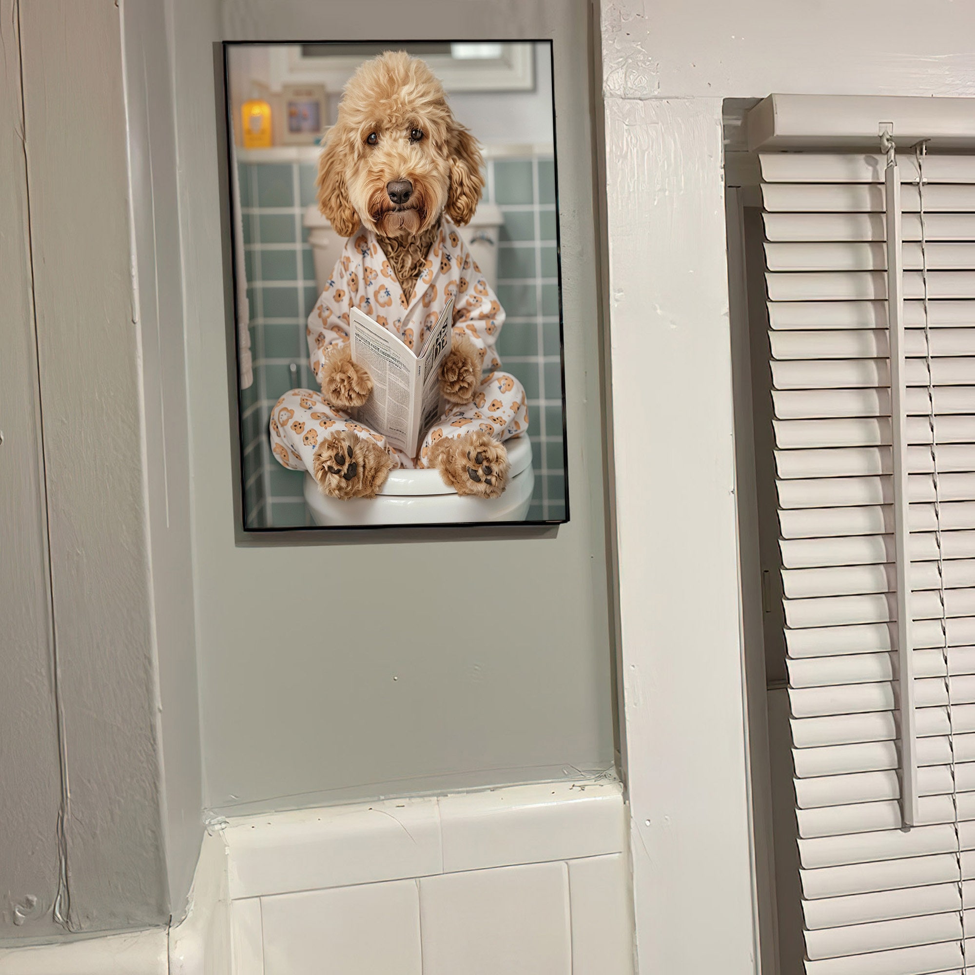 Cockapoo Sitting on Toilet Reading Newspaper, Funny Dog on Loo ...