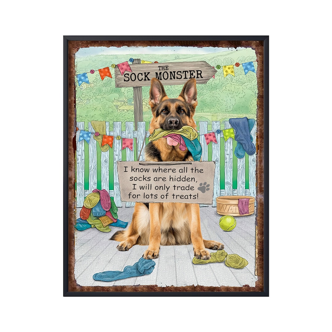 The Sock Monster German Shepherd Wall Art, Funny German Shepherd Poster ...