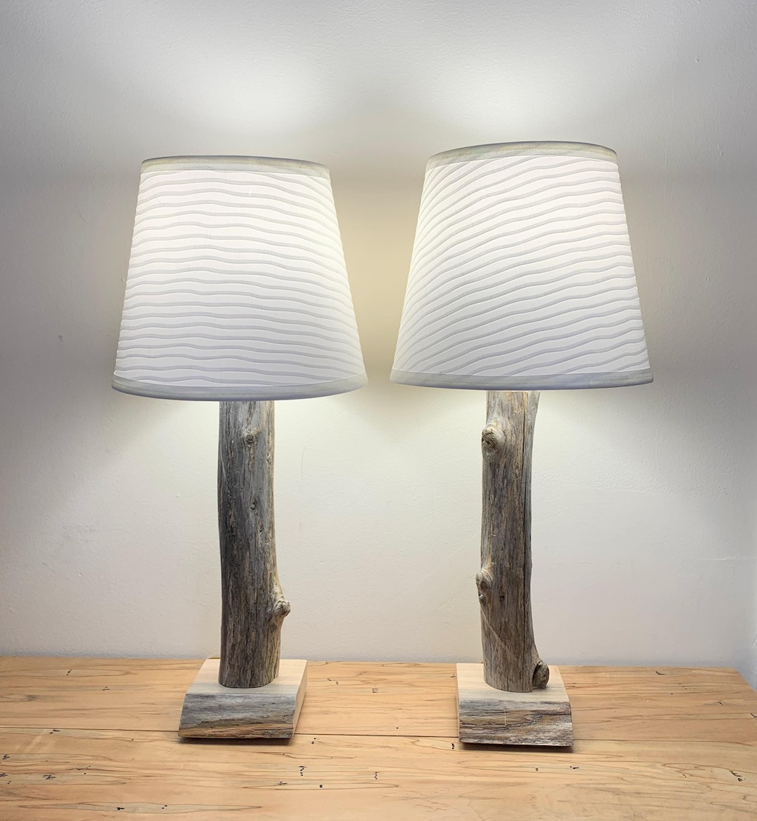 Two Rustic Dark Driftwood Log Table Lamps With Live Edge Maple Bases 21 ...