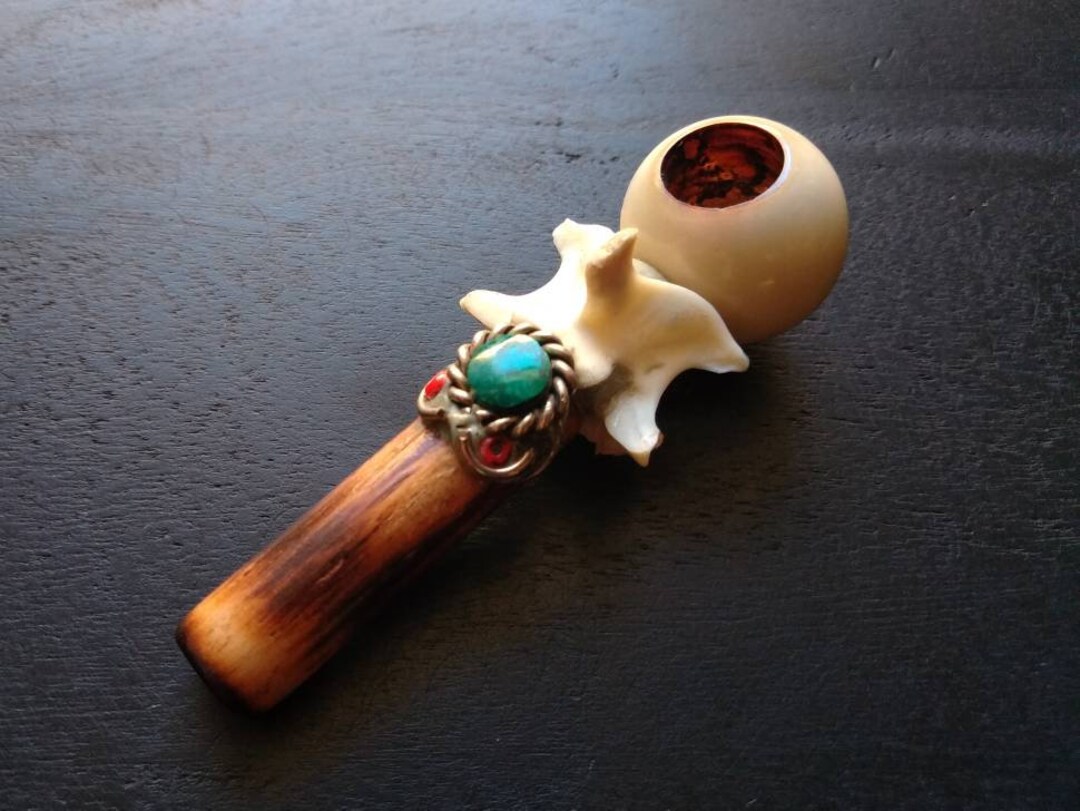 Snake Bone Pocket Smoking Pipe Chrysocolla Stone Tagua Nut Bamboo ...