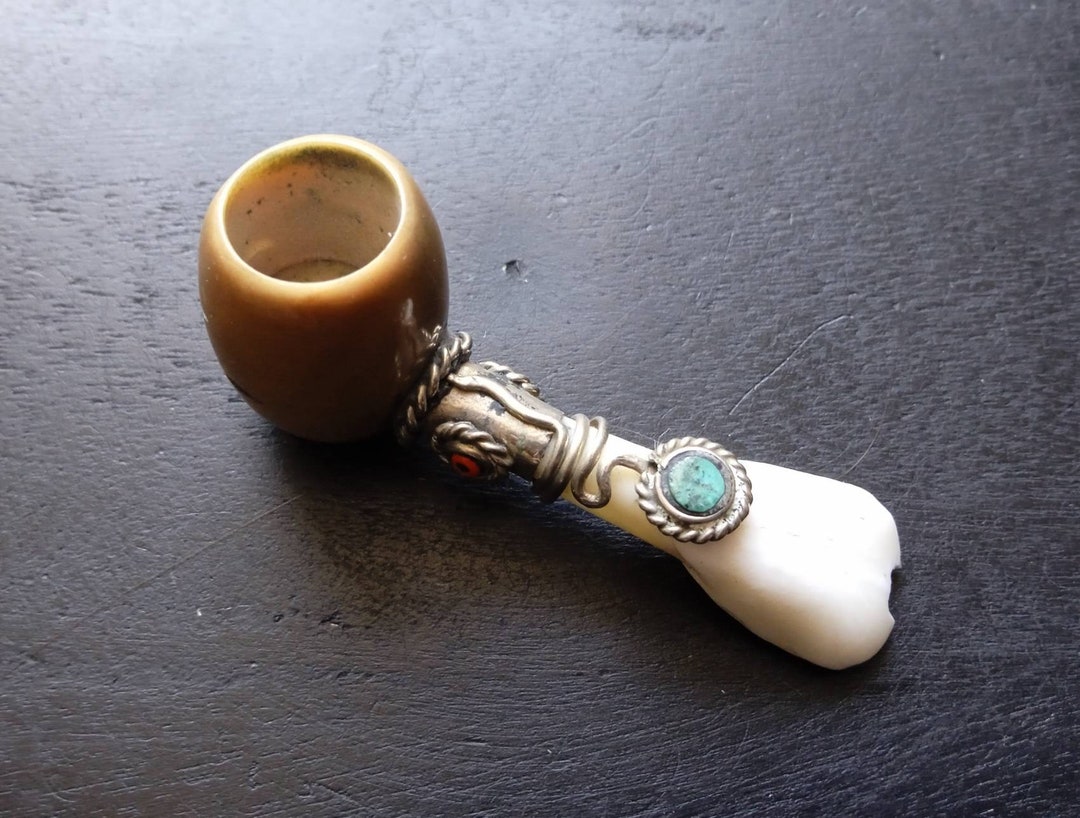 Cow Tooth Pocket Smoking Pipe Tagua Nut Chrysocolla Stone Smoker ...