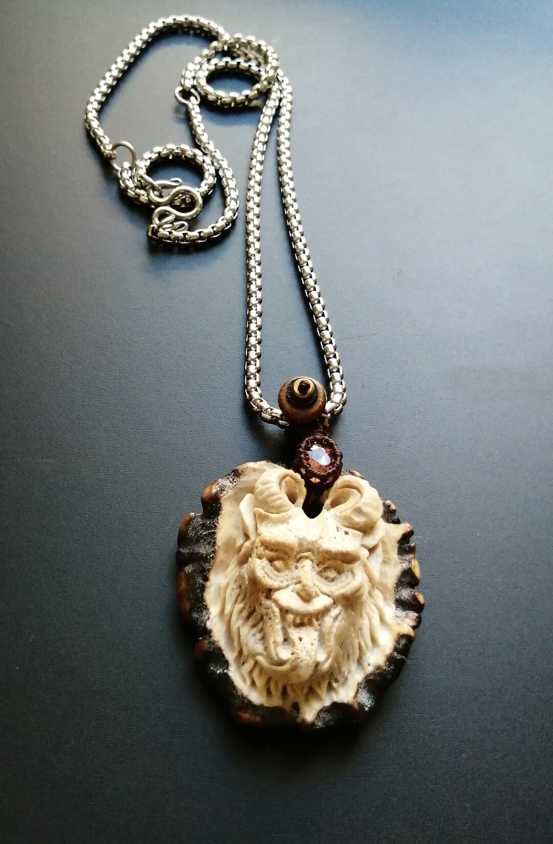 Krampus Necklace: Deer Rosette Carving, Garnet Stone, Stainless Steel ...