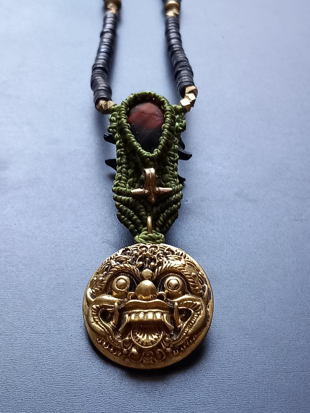 Barong Brass Pendant Necklace: Red Tiger Stone, Macrame Talisman - Etsy
