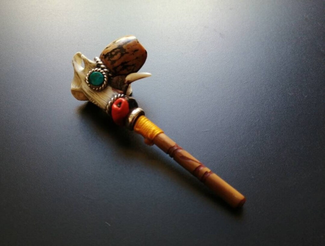 Ceremonial Alligator Tooth Smoking Pipe Fish Bone Chrysocolla Stone ...