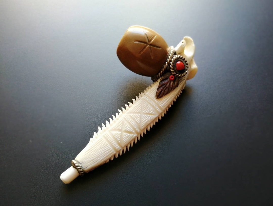Fish Bone Smoking Pipe Tagua Nut Chrysocolla Stone Smoker Organic ...