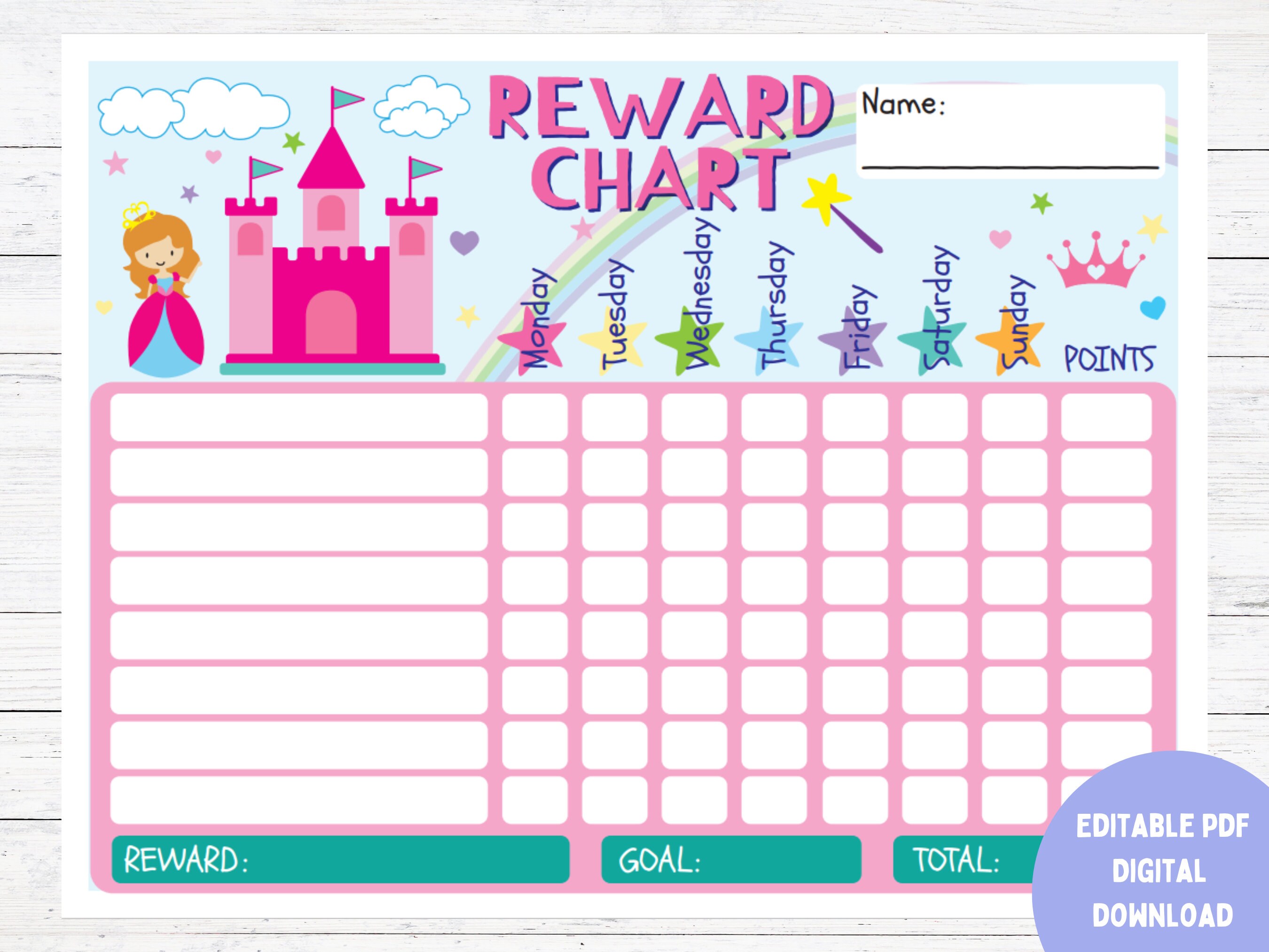 Editable Rewards Chart for Kids Princess Rewards Chart Printable ...