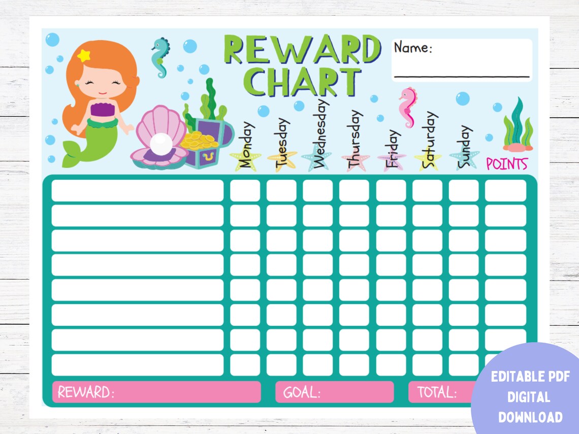 Editable Rewards Chart for Kids Mermaid Rewards Chart Printable Rewards ...