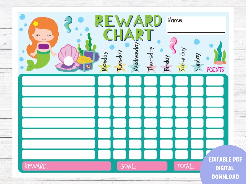 Editable Rewards Chart for Kids Mermaid Rewards Chart Printable Rewards ...