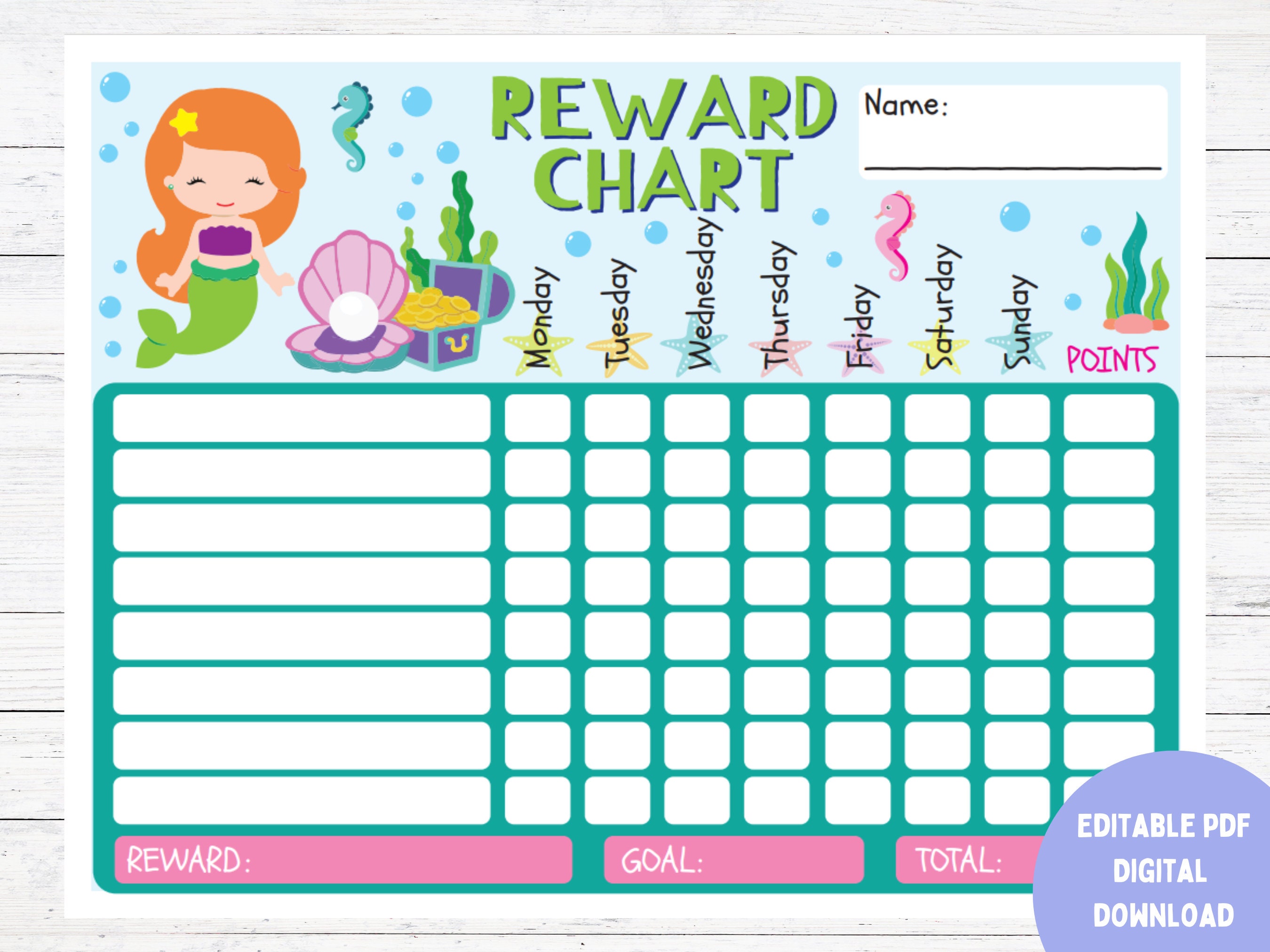Editable Rewards Chart for Kids Mermaid Rewards Chart Printable Rewards ...