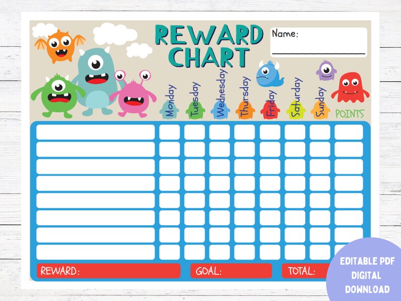 Editable Rewards Chart for Kids Monsters Rewards Chart Printable ...