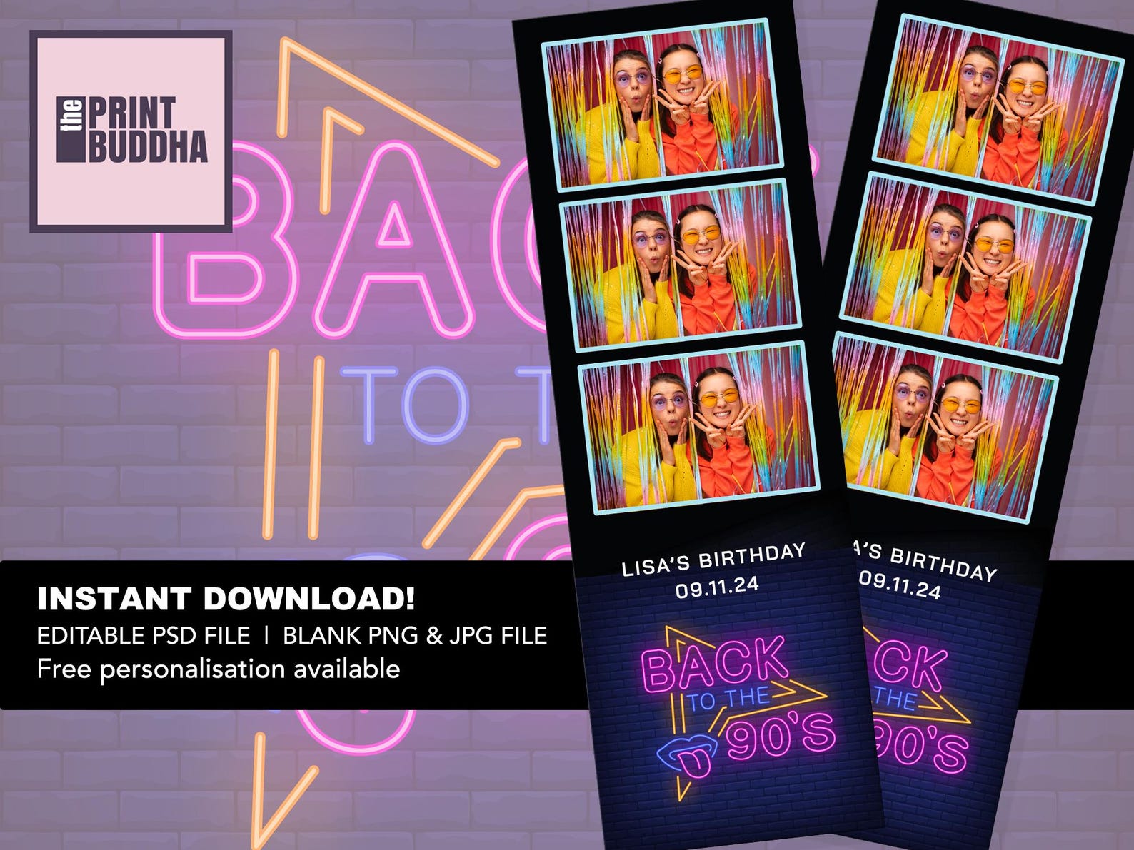 90s Neon Photo Booth Template | 2x6 90s Birthday Photo Booth Template ...