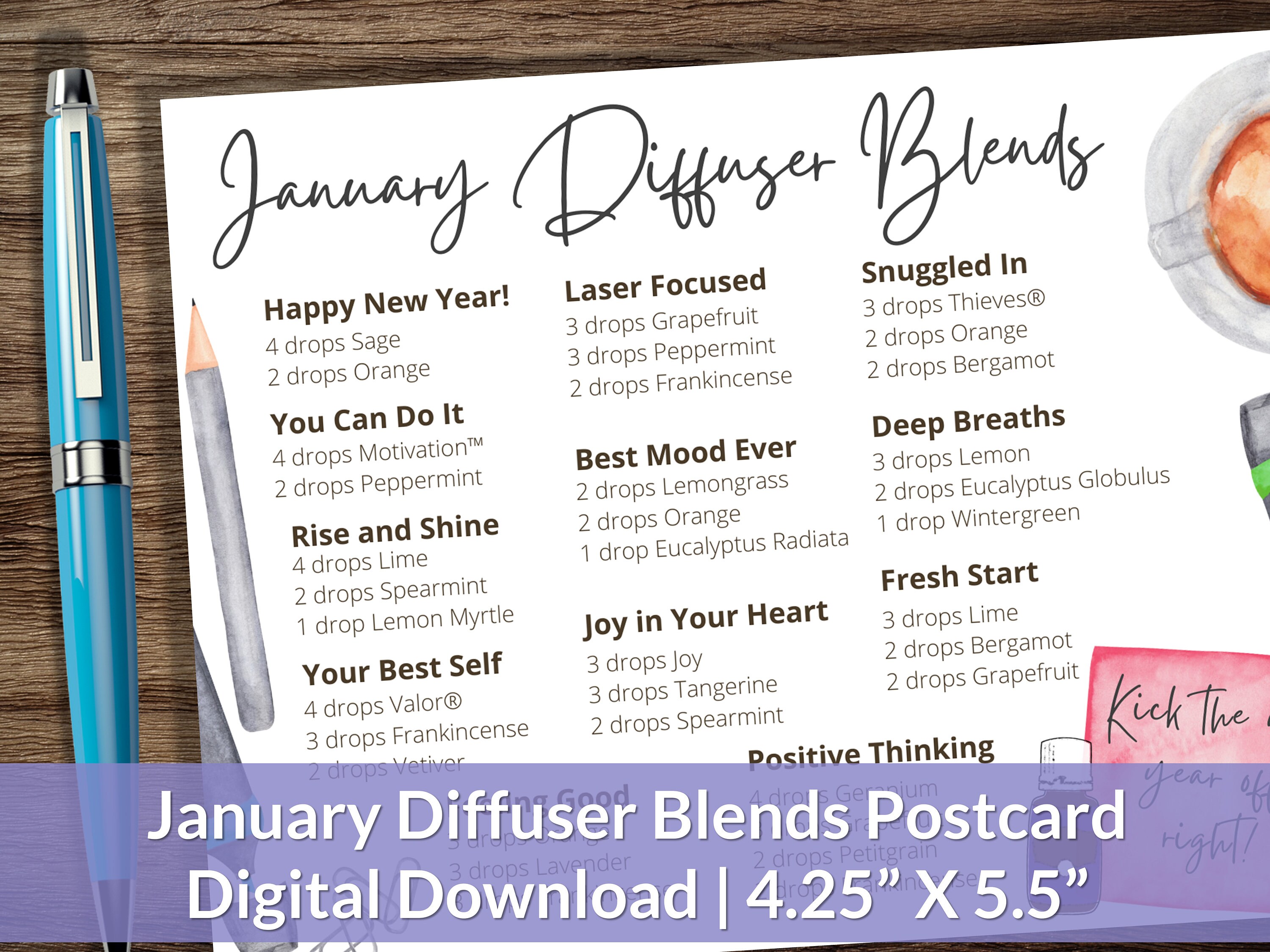 January Essential Oil Diffuser Recipes Postcard | New Years Diffuser ...