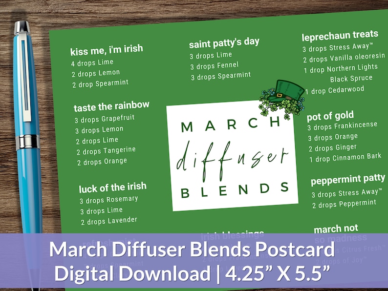 March Essential Oil Diffuser Recipe Postcard | Saint Patrick's Day ...