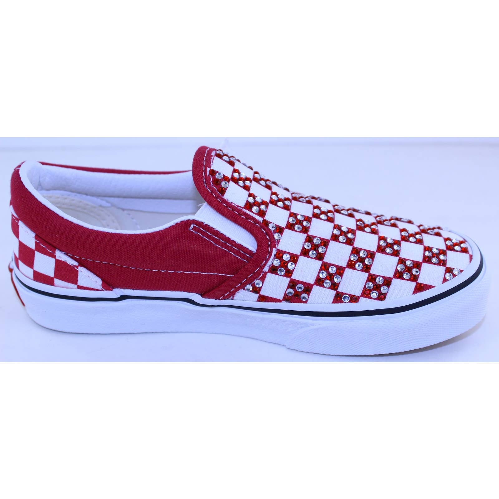 Vans Checkerboard Classic Slip on Red White Canvas Glass Crystal ...