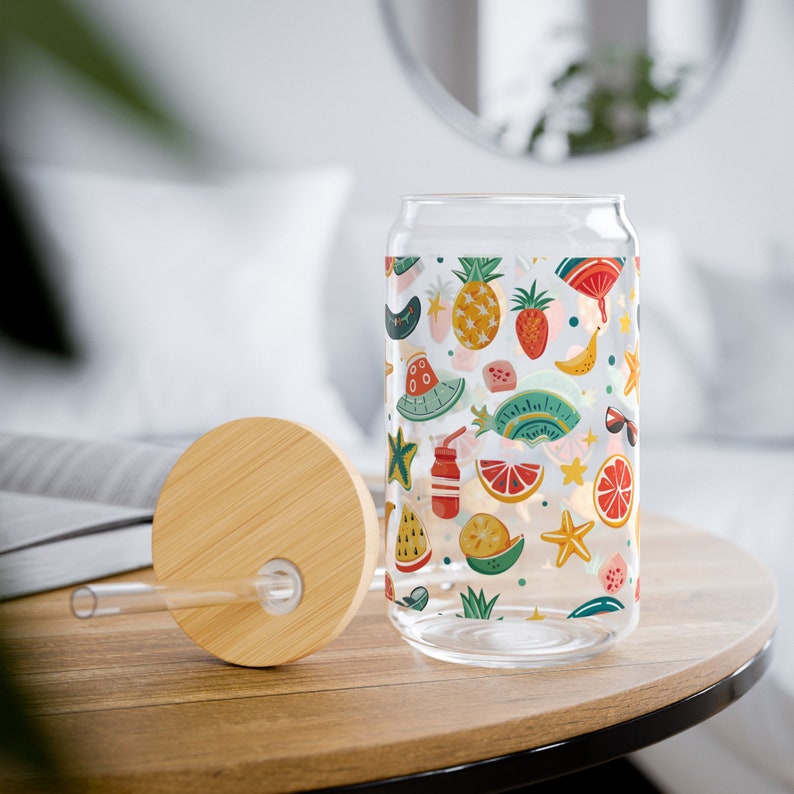 Cute Summer Sipper Glass, Rainbow Sipper Glass, Cute Clear Glass Bamboo ...