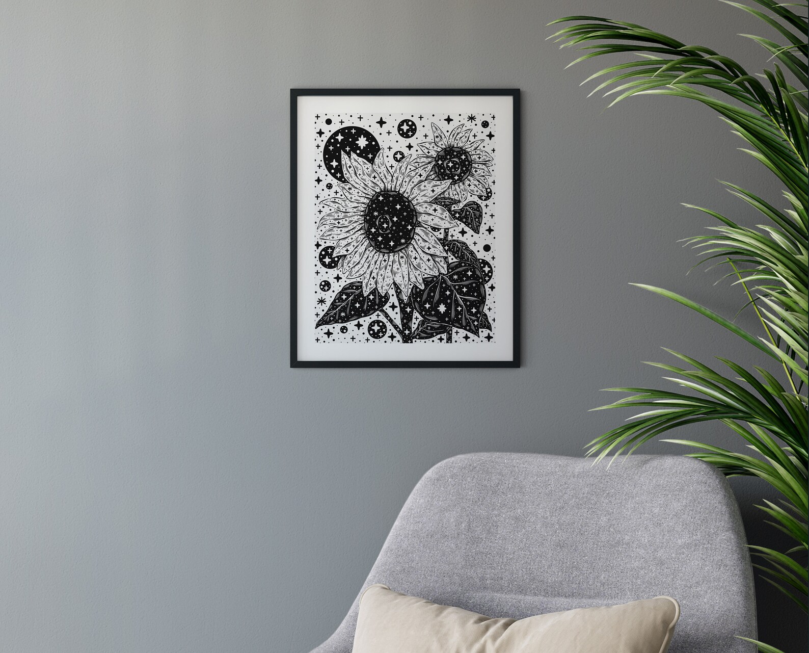 Monochrome Sunflower Poster, Printable Sunflower Wall Art, Black and ...
