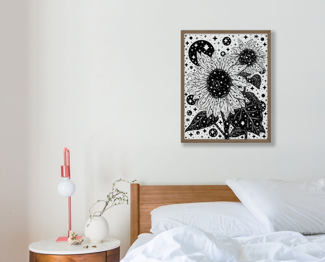 Monochrome Sunflower Poster, Printable Sunflower Wall Art, Black and ...