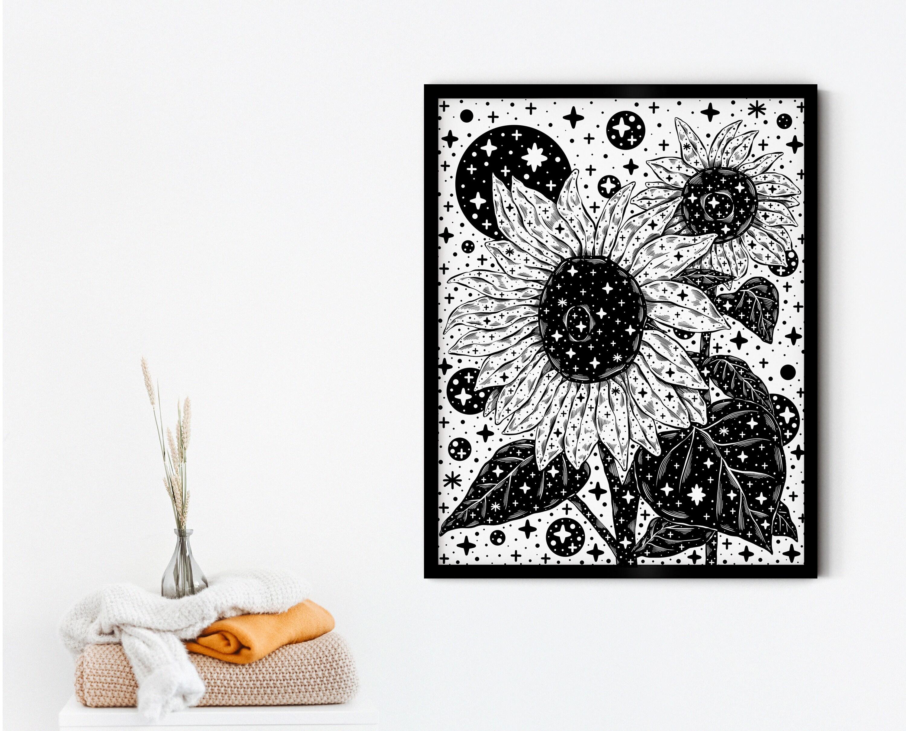 Monochrome Sunflower Poster, Printable Sunflower Wall Art, Black and ...