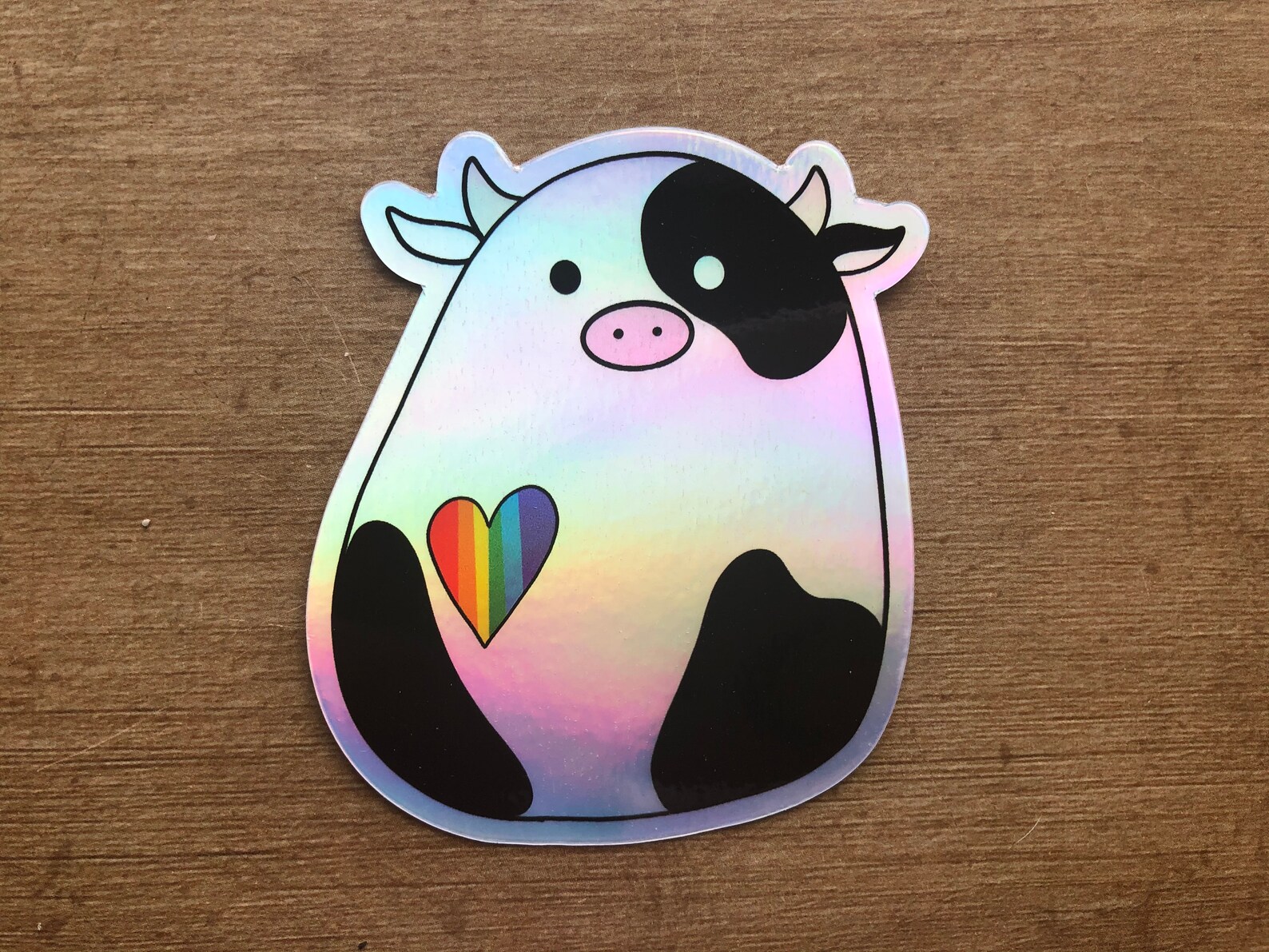 Holographic Pride Cow Sticker, Rainbow Heart Cow Sticker, Cow ...