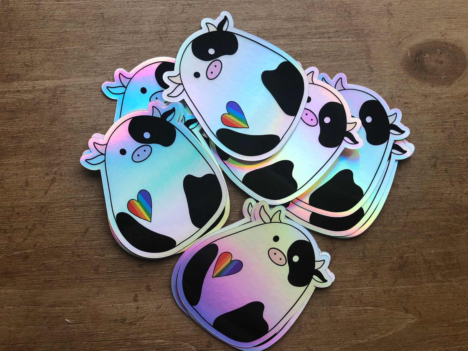 Holographic Pride Cow Sticker, Rainbow Heart Cow Sticker, Cow ...