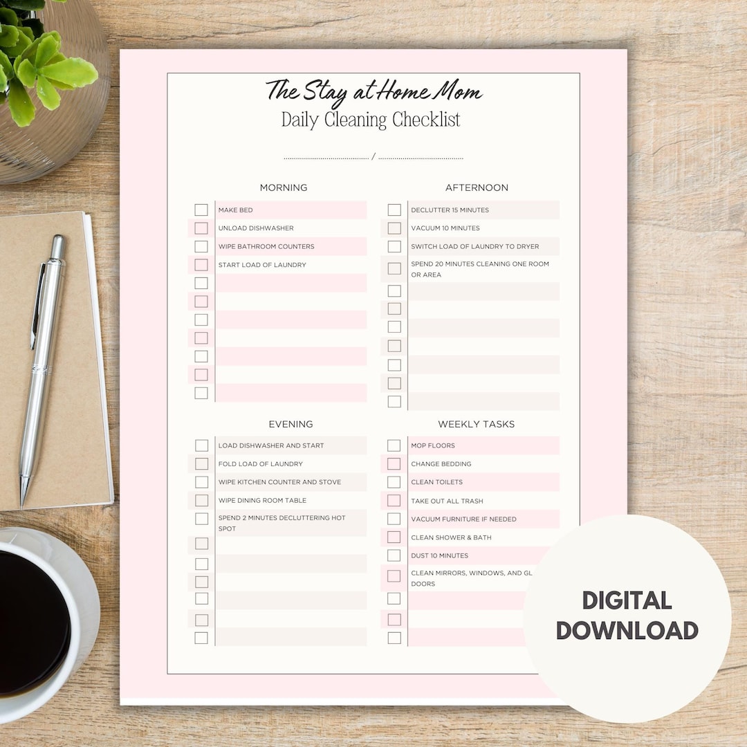 Printable Stay at Home Mom Daily Cleaning Checklist, Instant Download ...