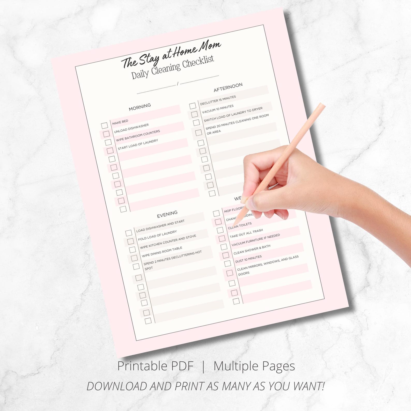 Printable Stay at Home Mom Daily Cleaning Checklist, Instant Download ...