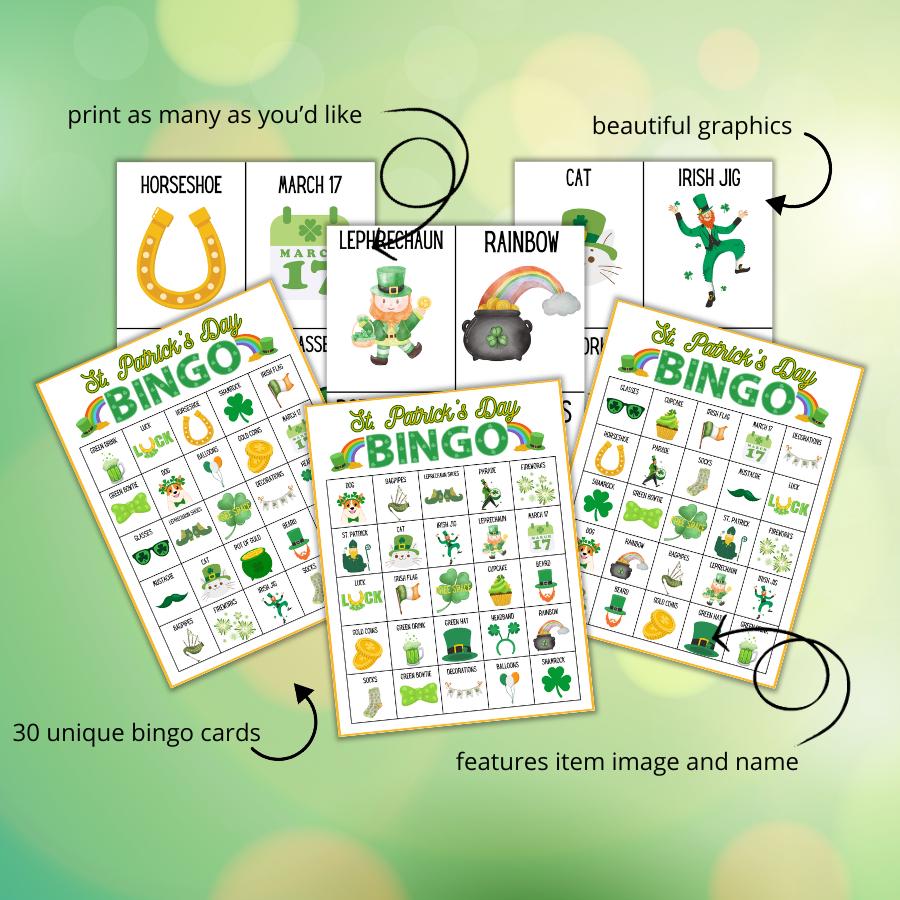 St. Patrick's Day Bingo, 30 St. Patrick's Day Bingo Cards, St. Patrick ...