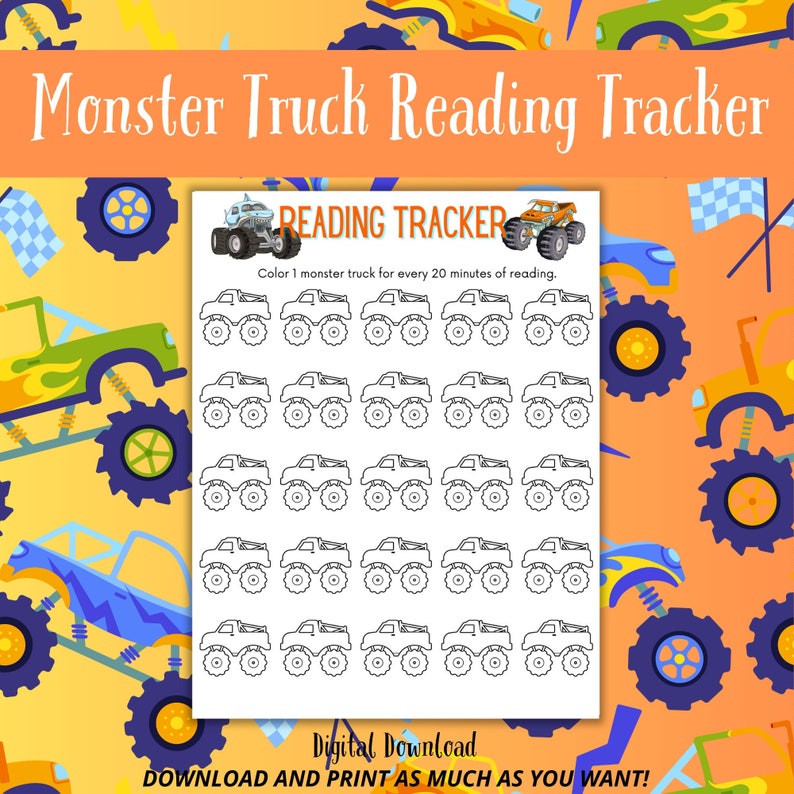 Monster Truck Reading Tracker for Kids, Monthly Reading Challenge, Kids ...