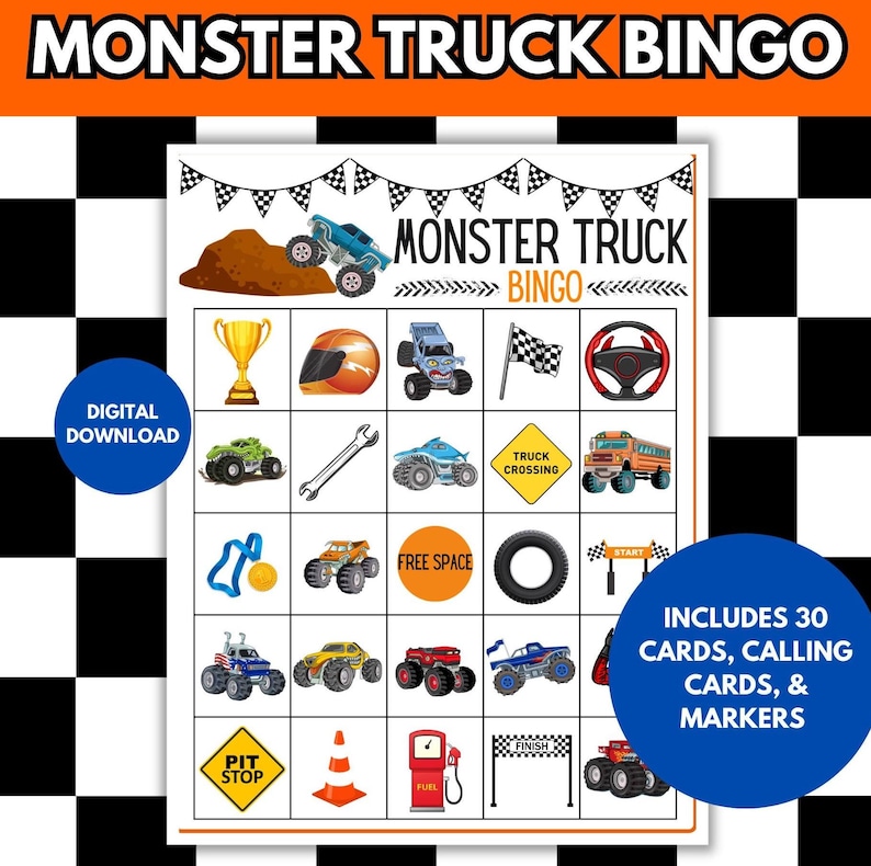 Monster Truck Bingo Birthday Party Game,printable Bingo Game for ...