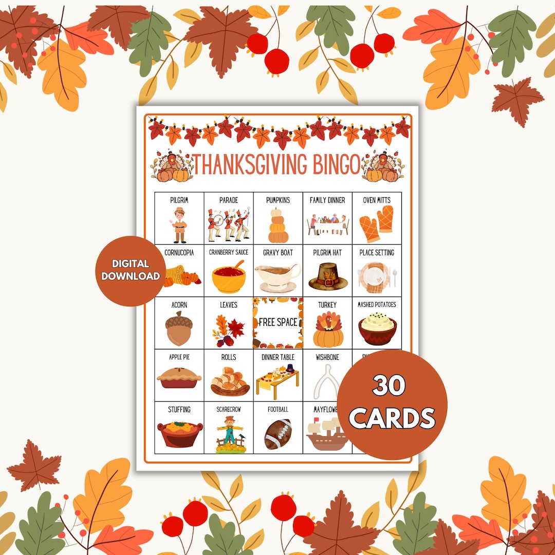 Thanksgiving Bingo Game for Large Group 30 Card Printable Thanksgiving ...