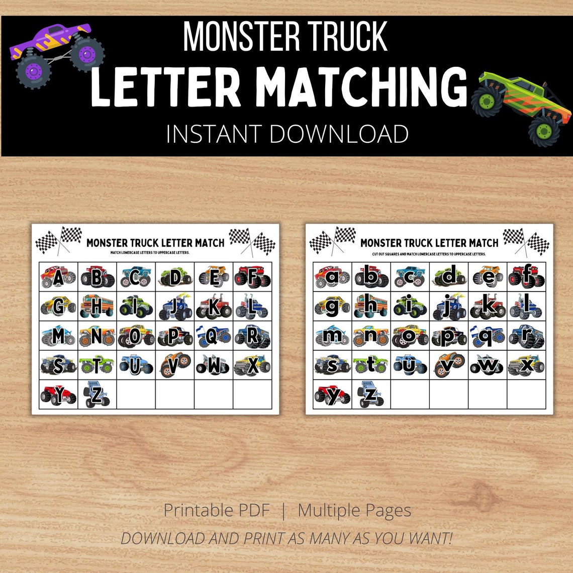 Monster Truck Letter Matching Game, Preschool Monster Truck Printable ...