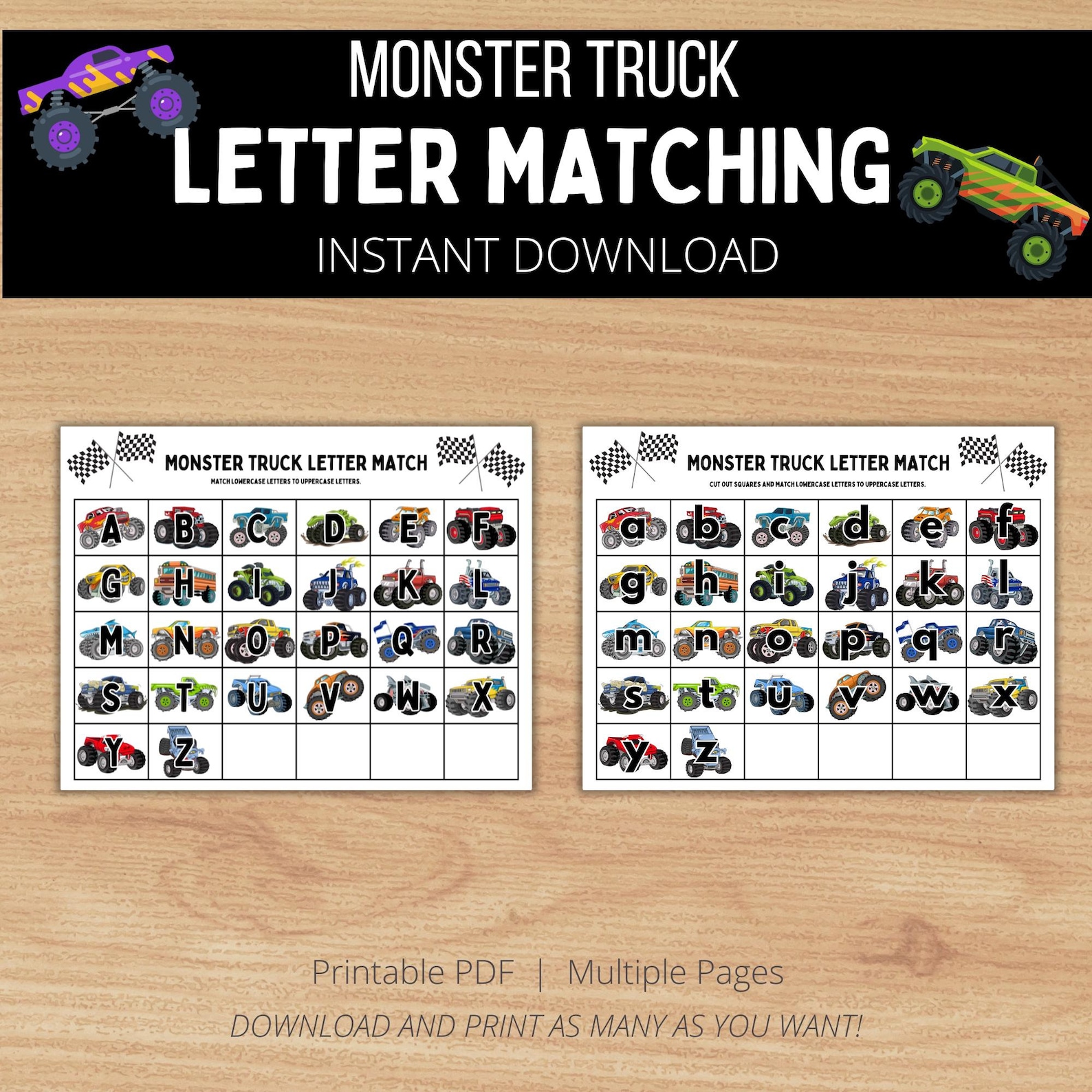 Monster Truck Letter Matching Game, Preschool Monster Truck Printable ...