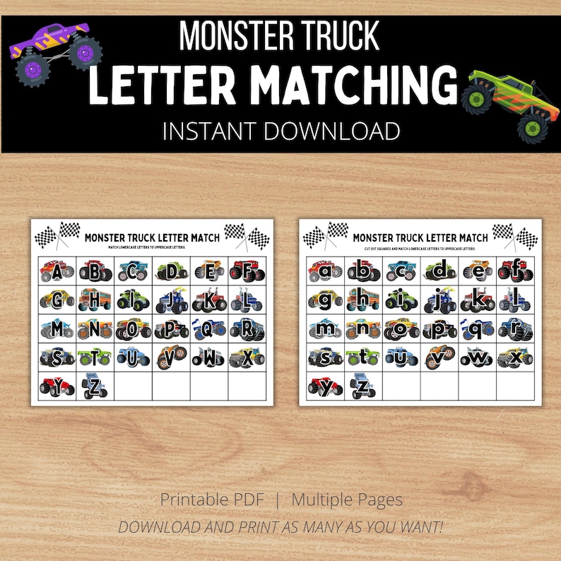 Monster Truck Letter Matching Game, Preschool Monster Truck Printable ...