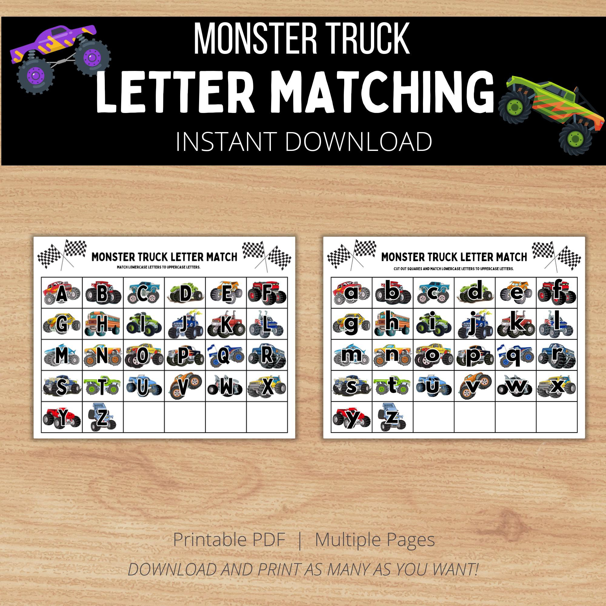Monster Truck Letter Matching Game, Preschool Monster Truck Printable ...