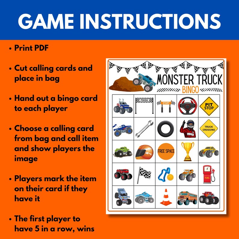 Monster Truck Bingo Birthday Party Game,printable Bingo Game for ...