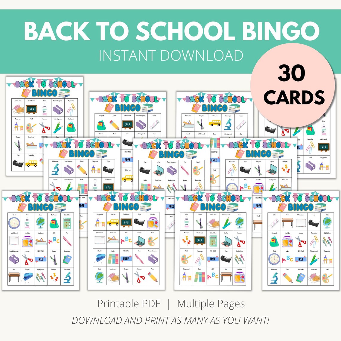 Back to School Bingo Game, 30 Printable Bingo Cards, First Day of ...