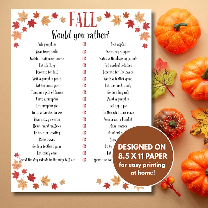 Fall Would You Rather Game Printable Fun Party Game for Kids & Adults ...