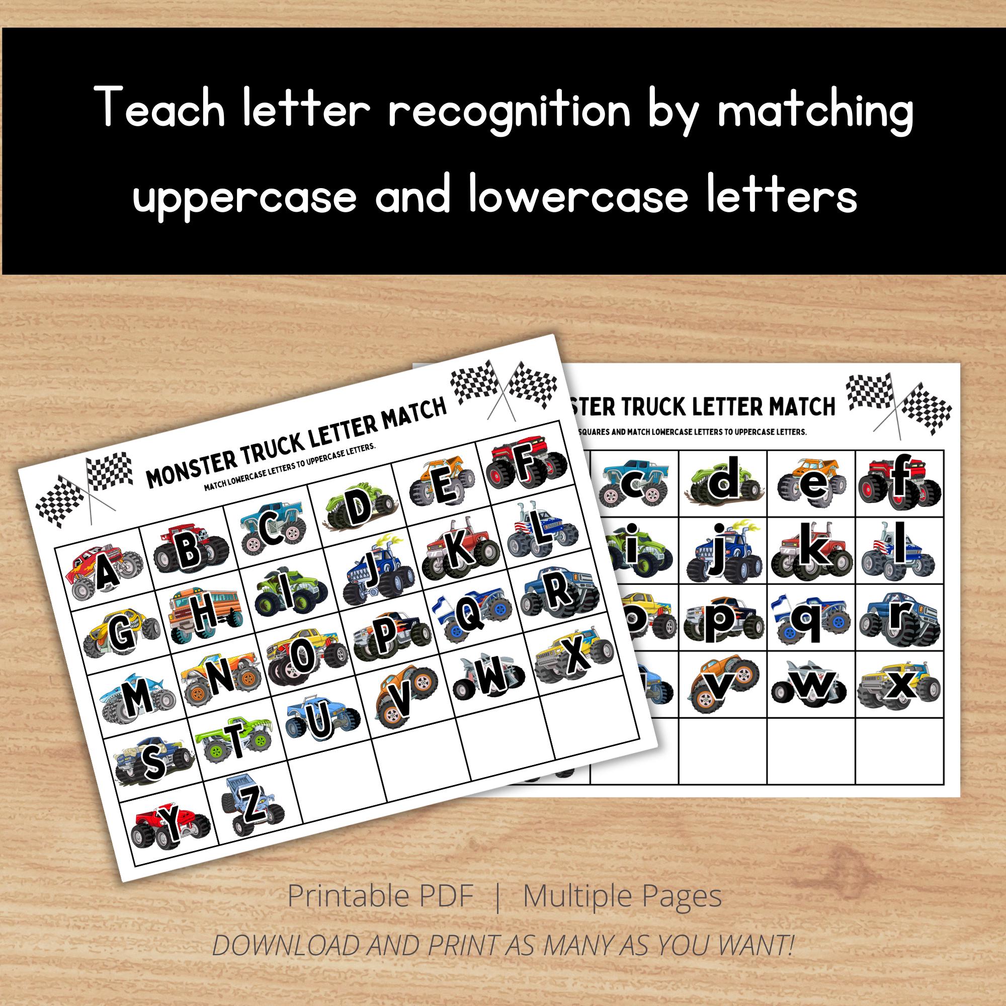 Monster Truck Letter Matching Game, Preschool Monster Truck Printable ...