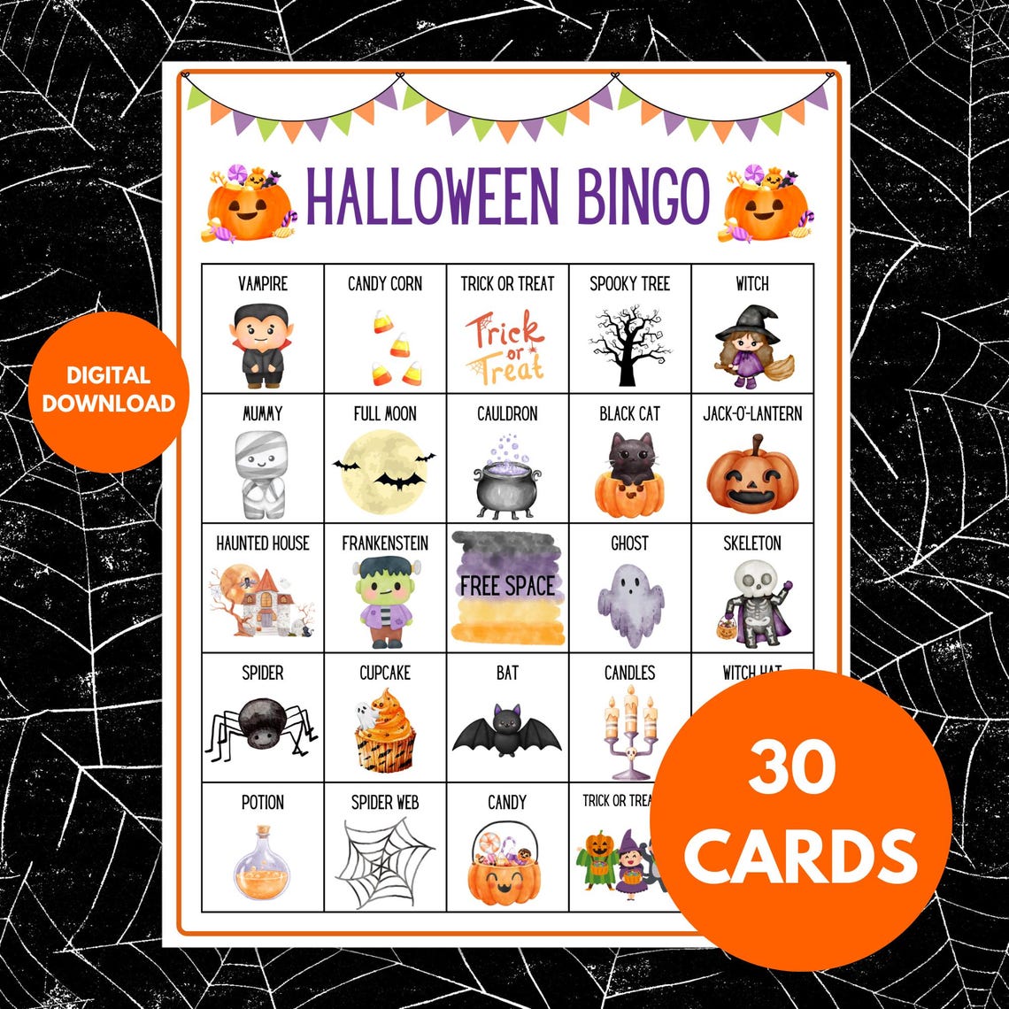 Halloween Bingo, 30 Halloween Bingo Cards, Halloween Games, Kids ...