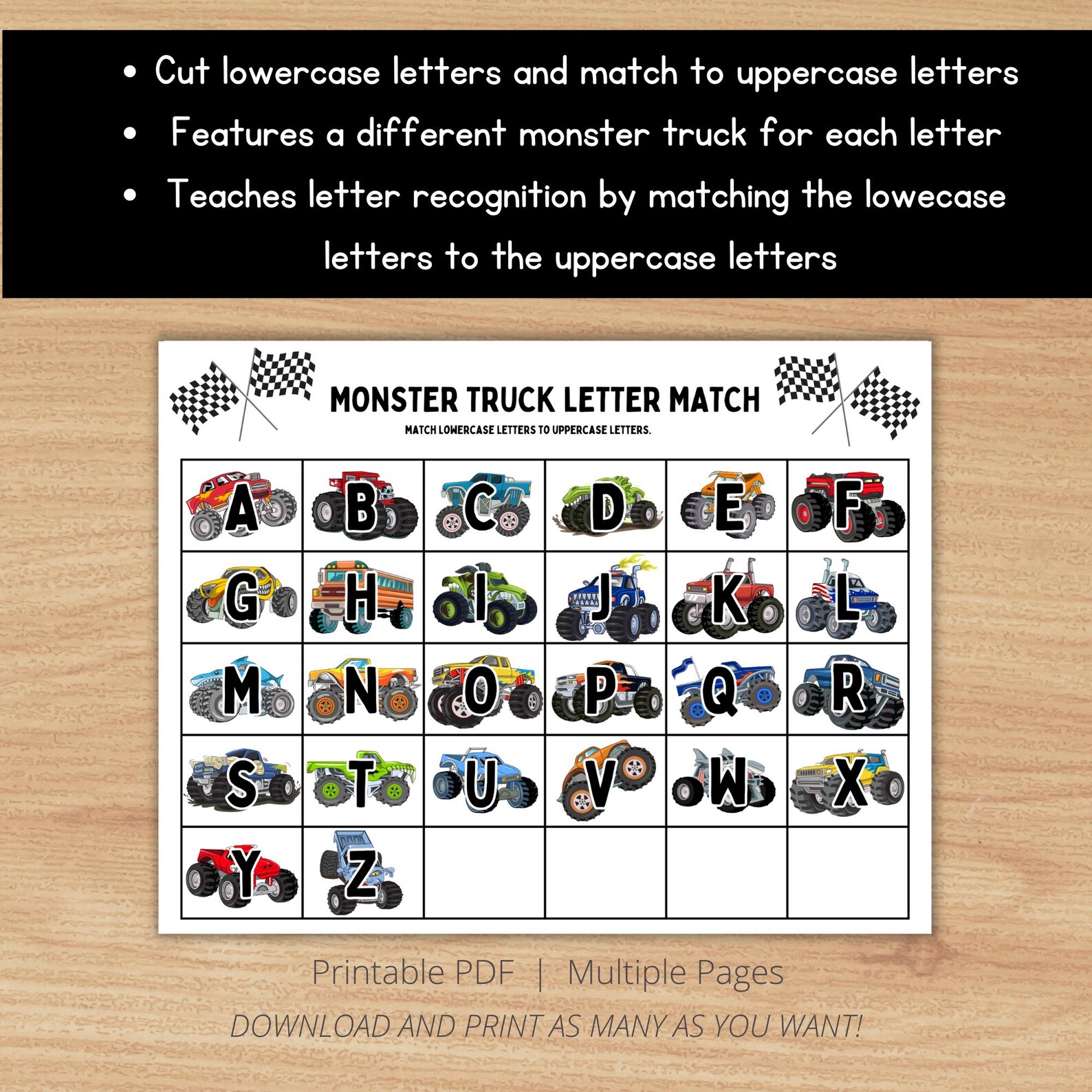 Monster Truck Letter Matching Game, Preschool Monster Truck Printable ...