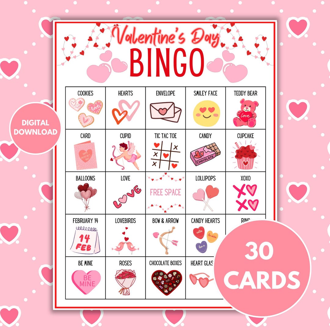 Valentine's Day Bingo, 30 Valentine's Day Bingo Cards for Kids ...