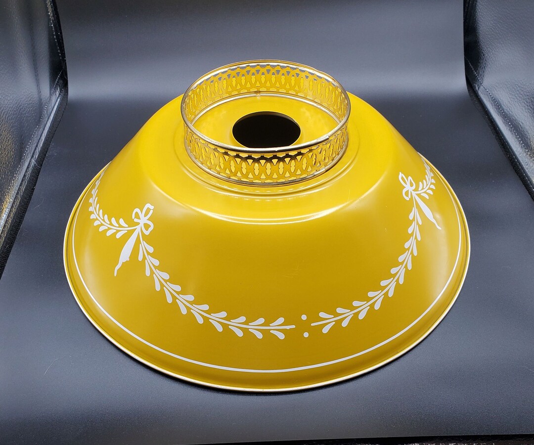 Vintage MCM Tole Toleware Yellow Metal Lamp Light Shade White Stencil ...