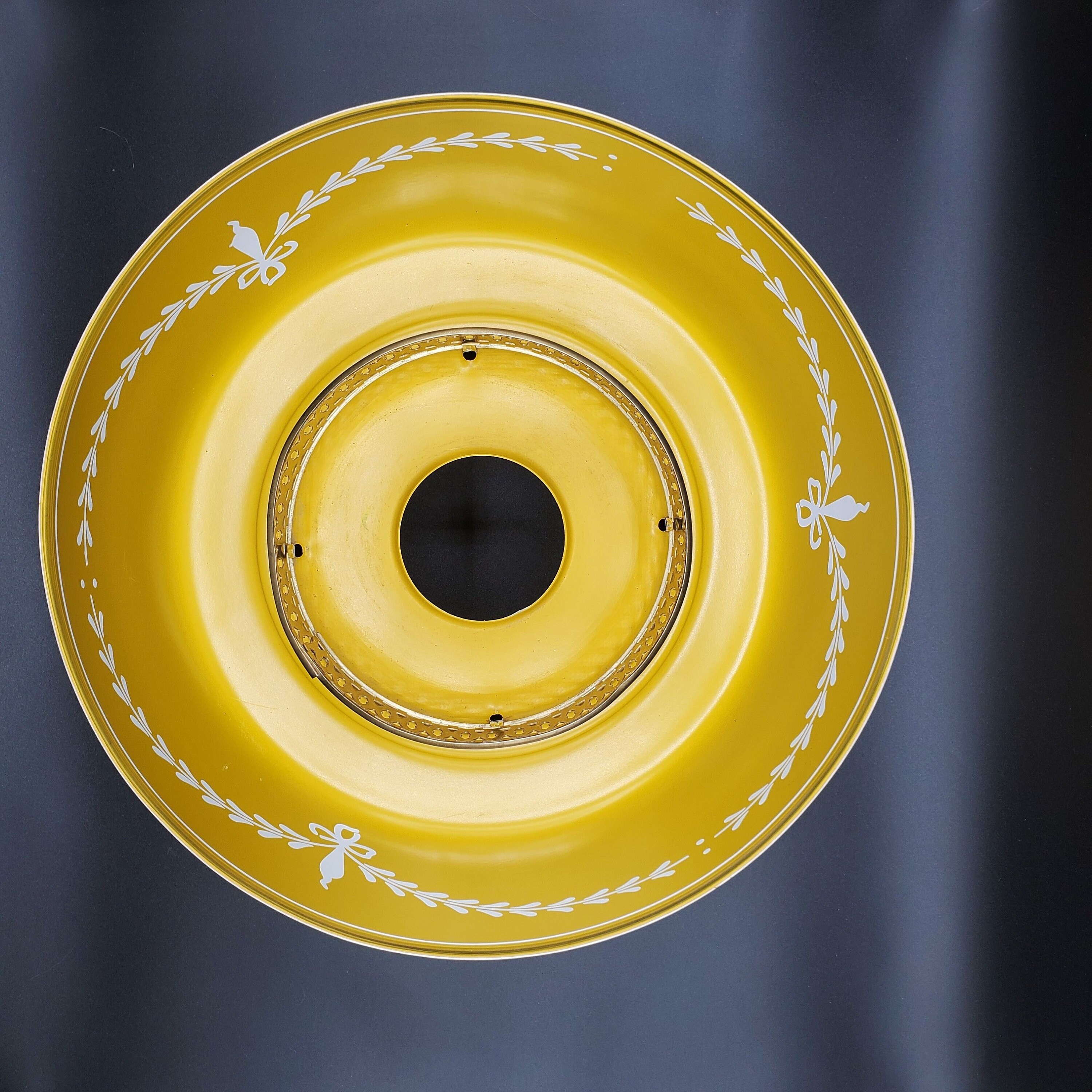 Vintage MCM Tole Toleware Yellow Metal Lamp Light Shade White Stencil ...