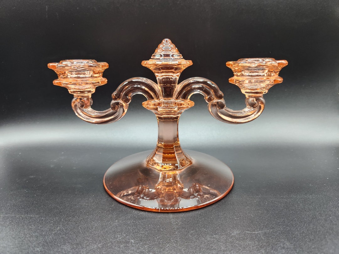 Pink Depression Glass Double Candle Holder Candelabra Holds Two Taper ...