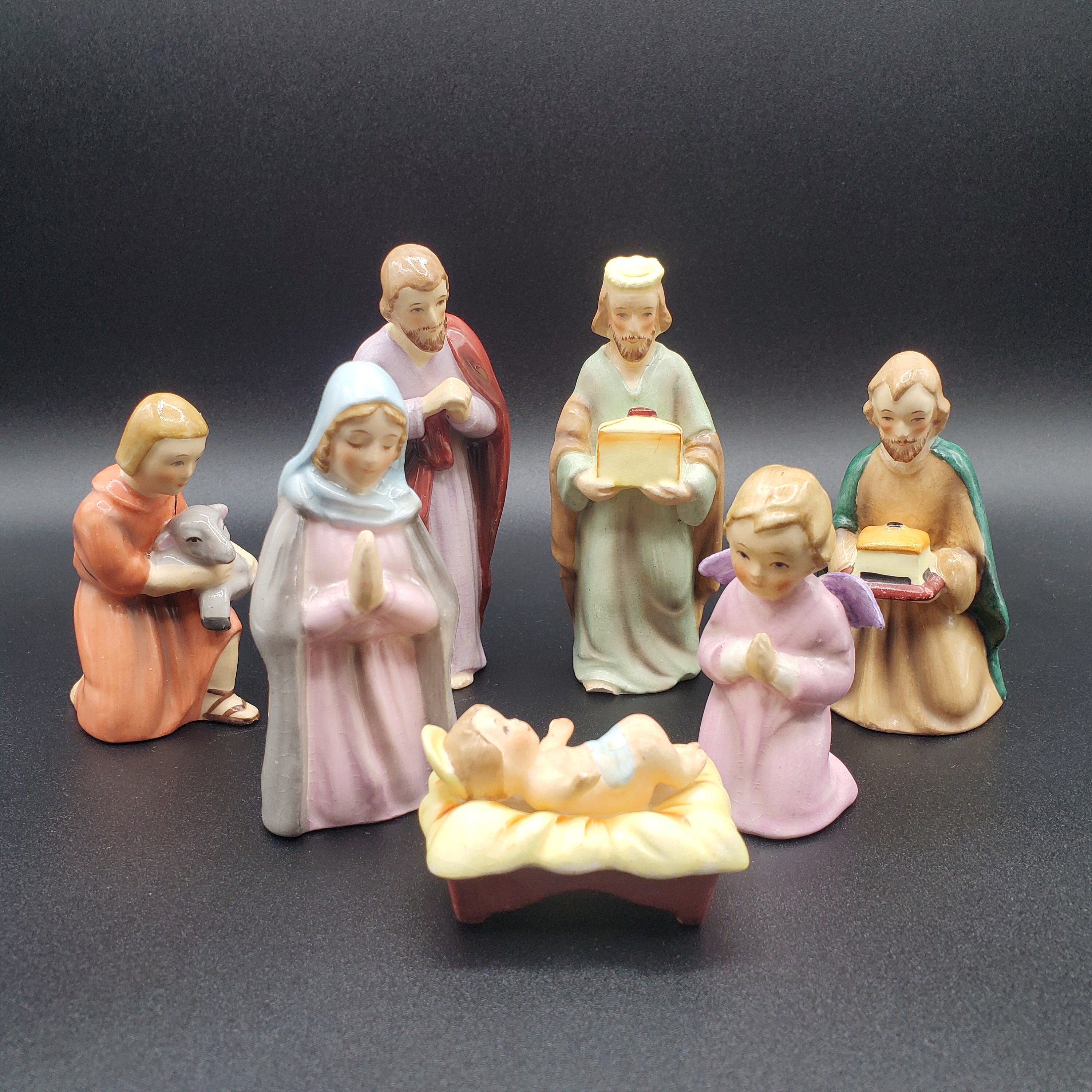 Vintage Miniature Nativity Set of 7 Mary Joseph Baby Angle Shepard ...