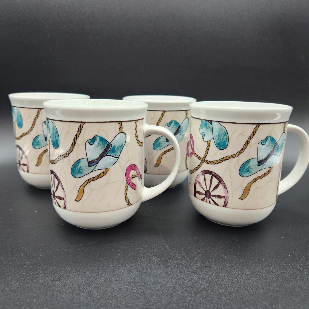Vintage Oneida Rodeo Pattern Coffee Tea Mug Cups Cowboy Cowgirl Pink ...