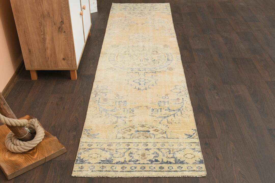 2x10 Faded Orange Blue Rug, Handmade Oushak Rug, Hallway Kitchen Rug ...