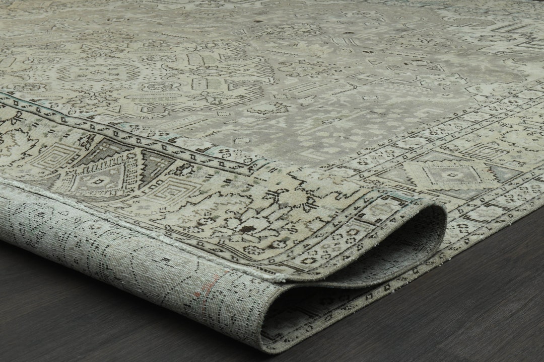 10x12 Vintage Minimalist Oversize Wool Rug, Handmade Faded Gray Beige ...