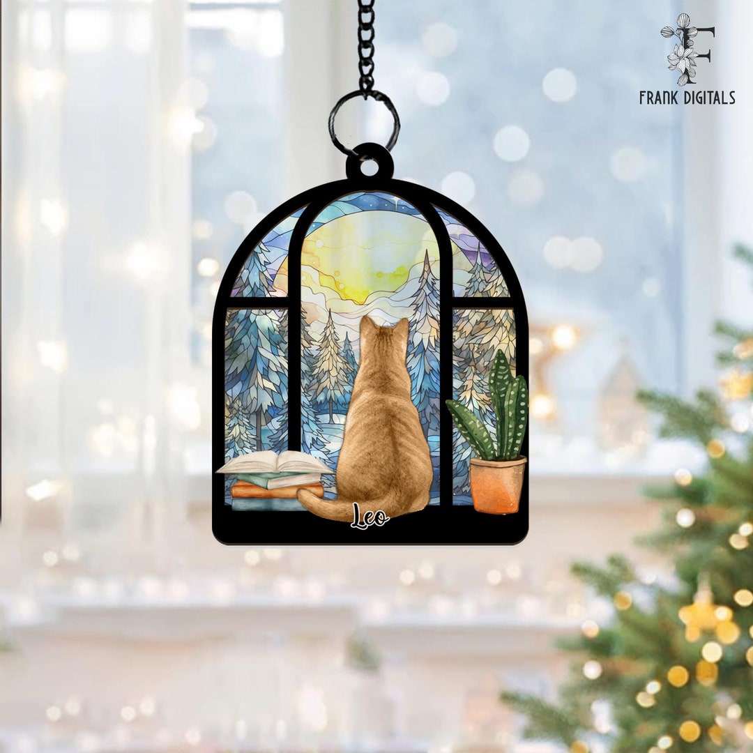 Personalized Cat Book Suncatcher Ornament, Custom Cat Acrylic Window ...
